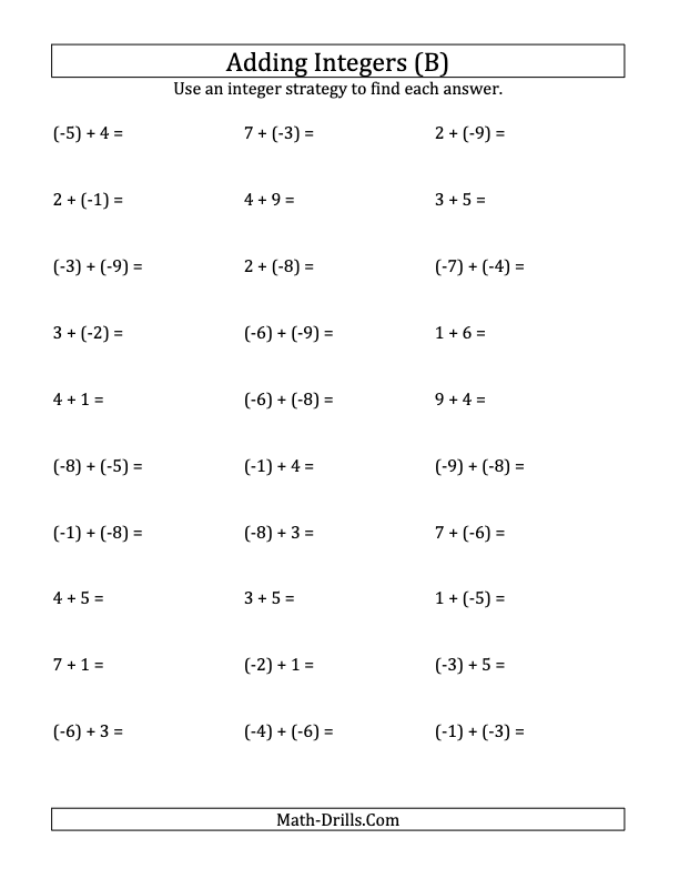 Integers addition (Negative parentheses) from -9 to 9 (2) | Worksheet Zone