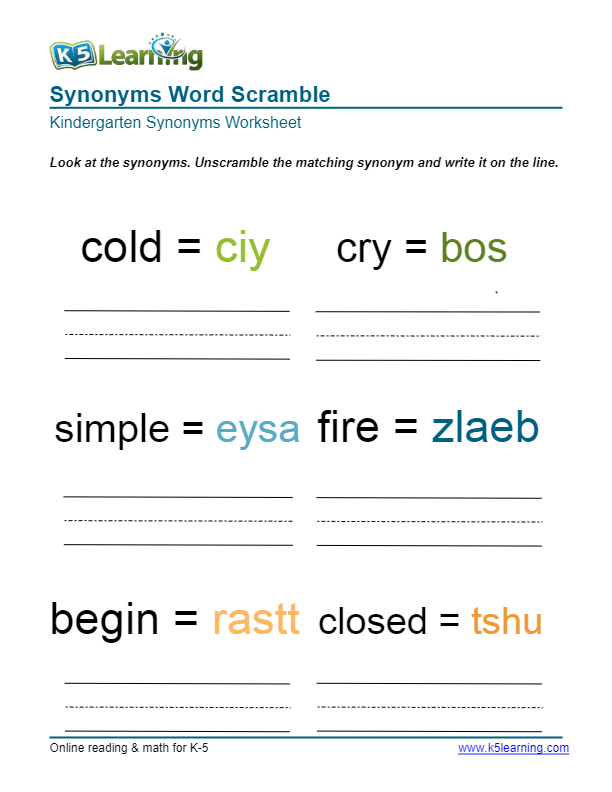 Synonyms Word Scramble 5 | Worksheet Zone