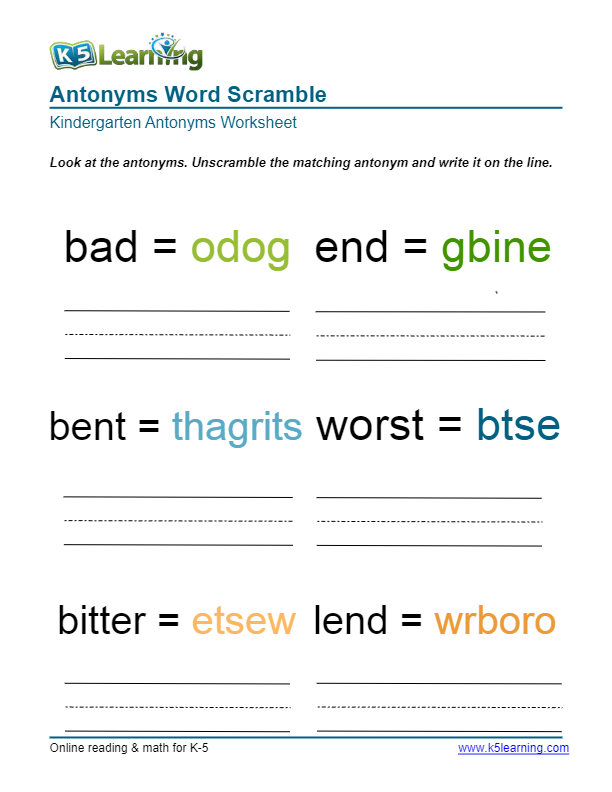 Antonyms Word Scramble 5 | Worksheet Zone