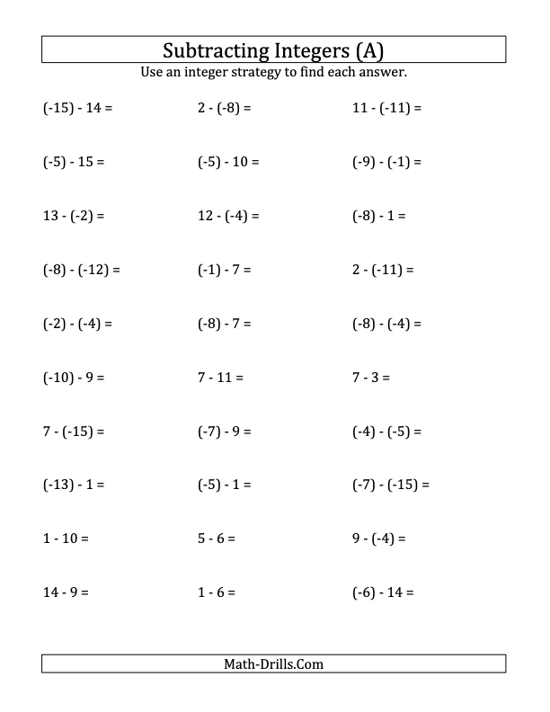 Negative integers subtraction (parentheses) -15 to 15 (1) | Worksheet Zone