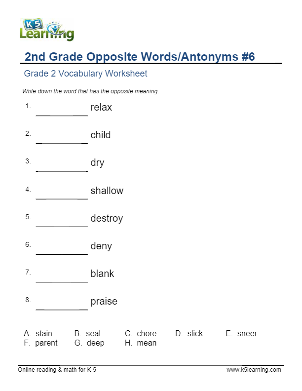 2nd Grade Opposite Words/Antonyms 6 | Worksheet Zone