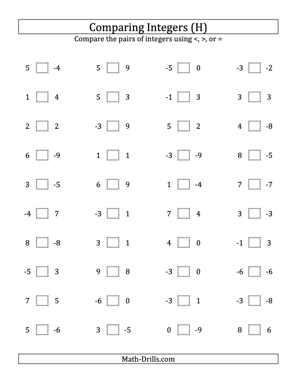 Integers comparing from -9 to 9 (8) | Worksheet Zone