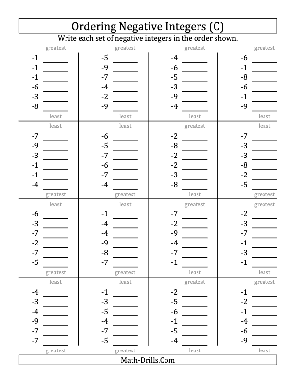 Ordering negative 1-digit-integers (3) | Worksheet Zone