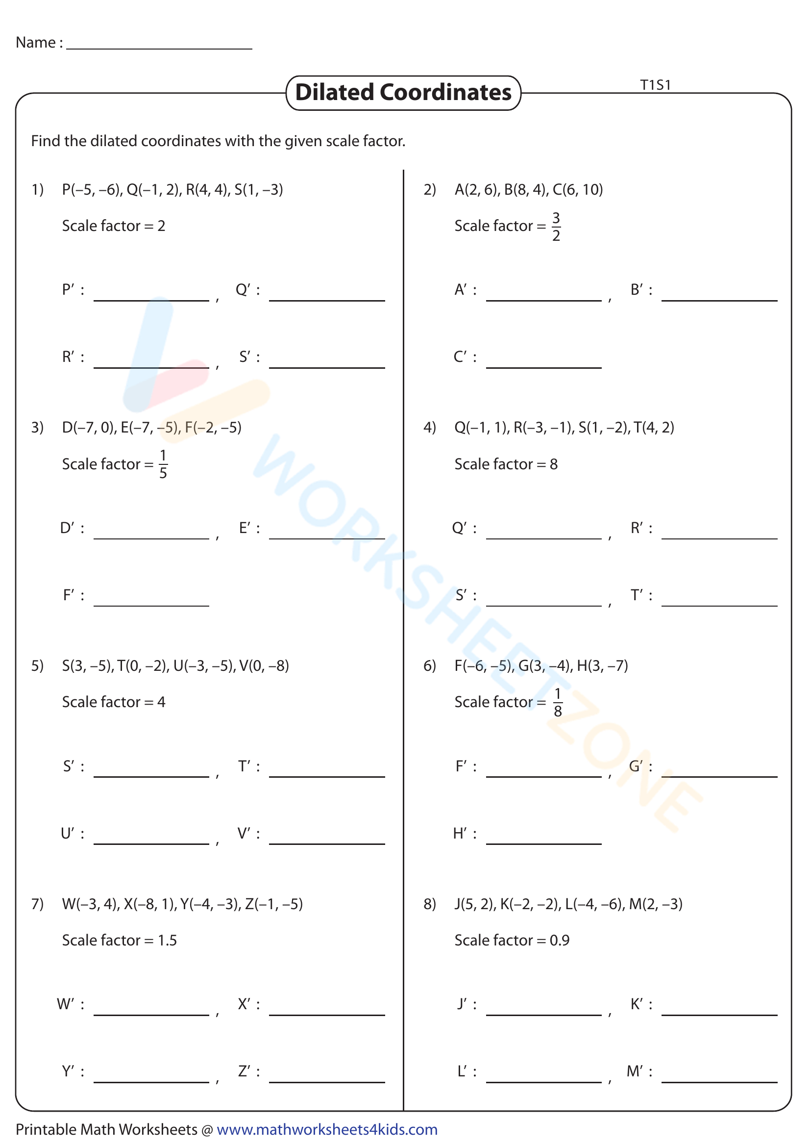 Finding New Coordinates - Type 1 | Worksheet Zone
