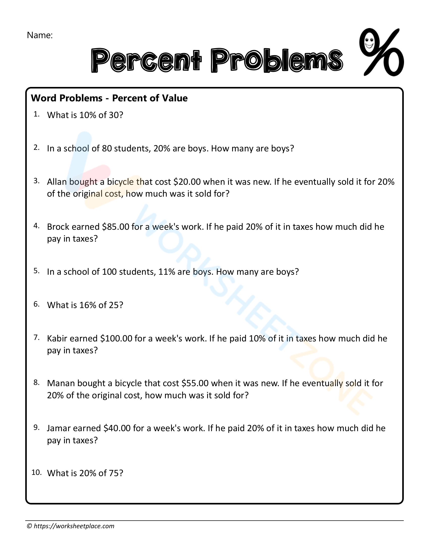 Percent problem 10 | Worksheet Zone