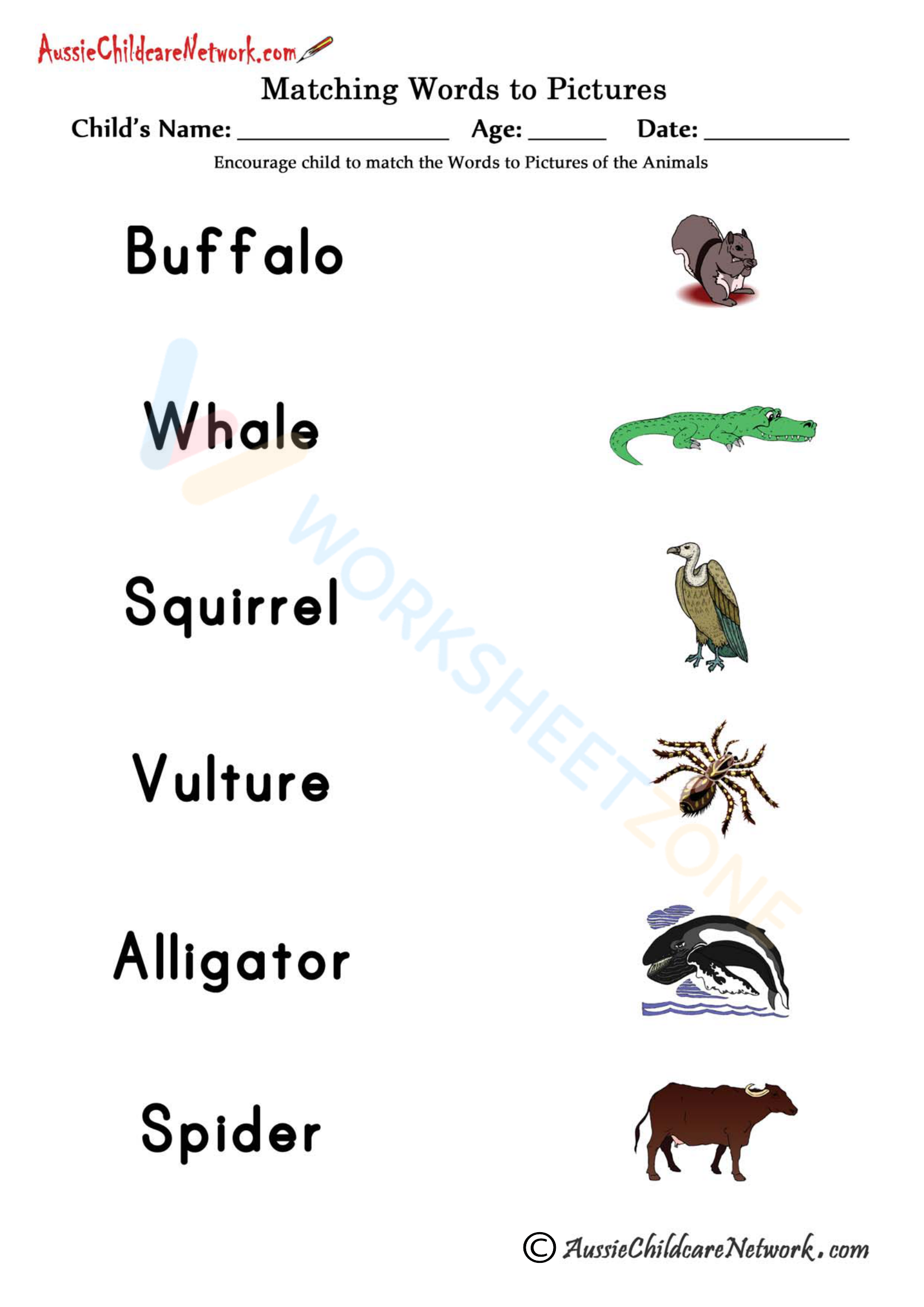 picture word matching 1 | Worksheet Zone