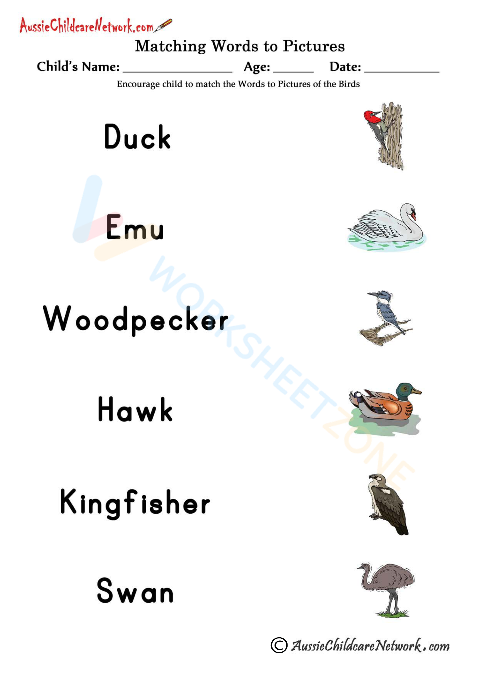 picture word matching 2 | Worksheet Zone