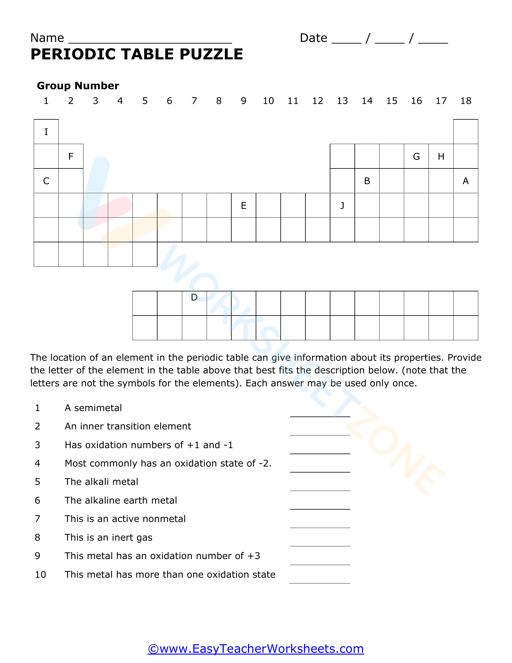 The Periodic Puzzle | Worksheet Zone