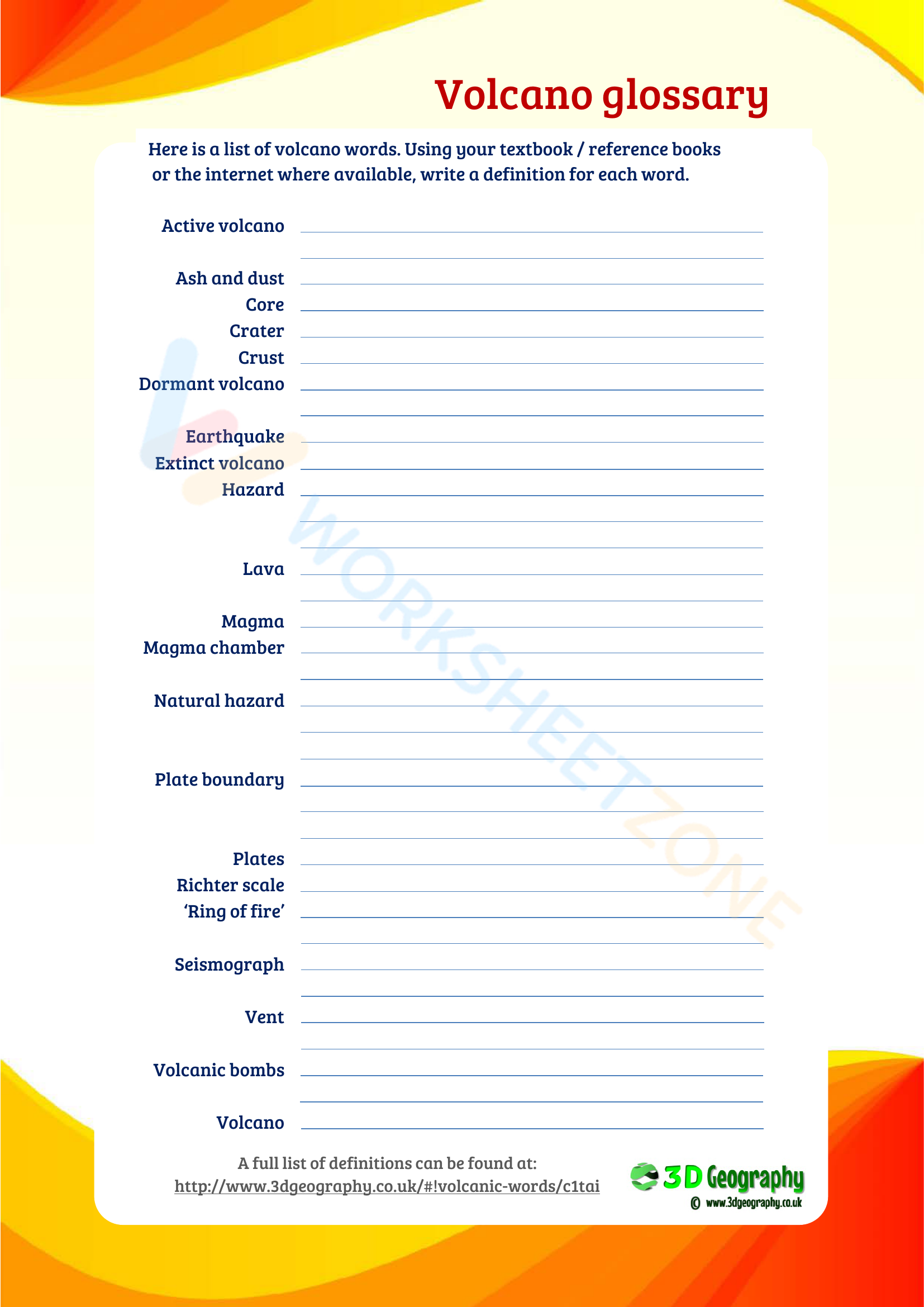 Volcano glossary | Worksheet Zone