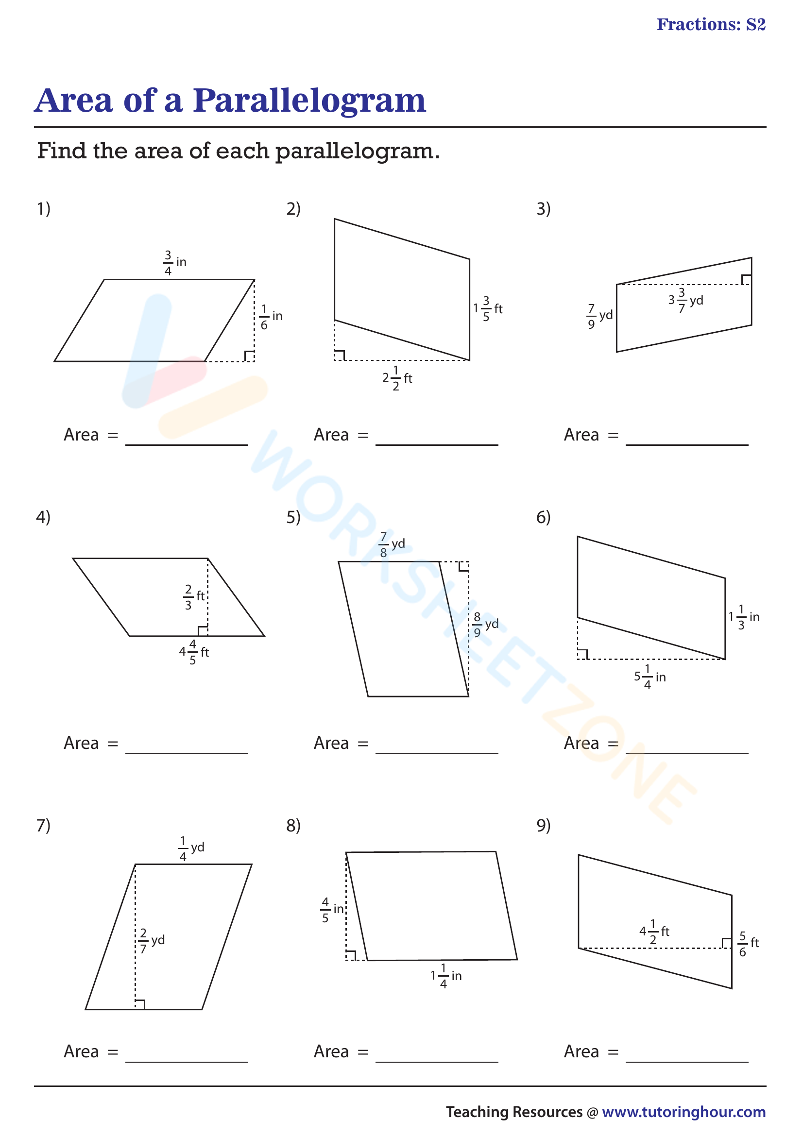 Finding Area of a Parallelogram - Fractions | Worksheet #2 | Worksheet Zone