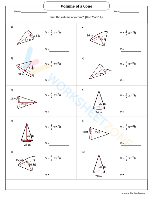Volume of Cones 7 | Worksheet Zone