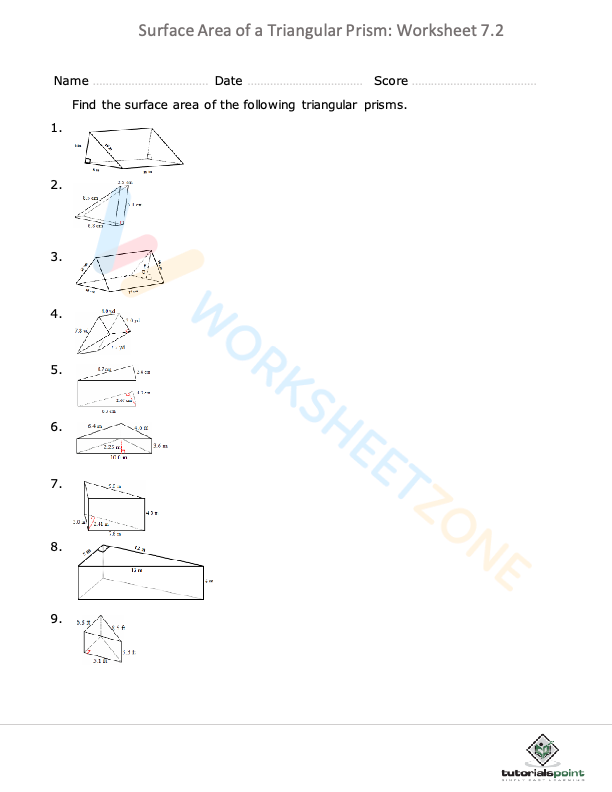 surface area of a triangular prism 5 | Worksheet Zone