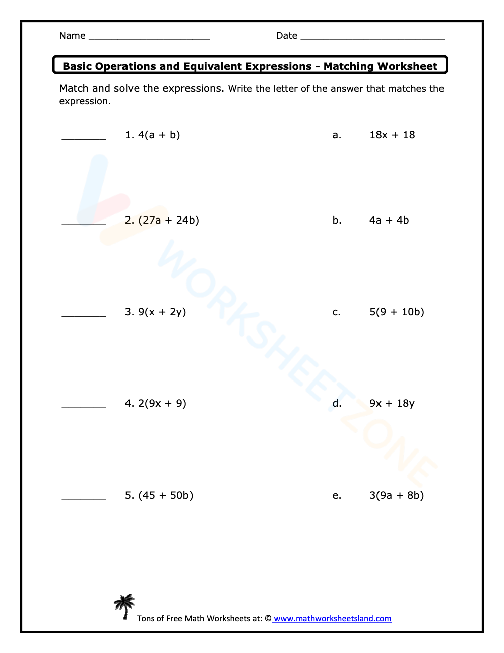 equivalent expressions 5 | Worksheet Zone