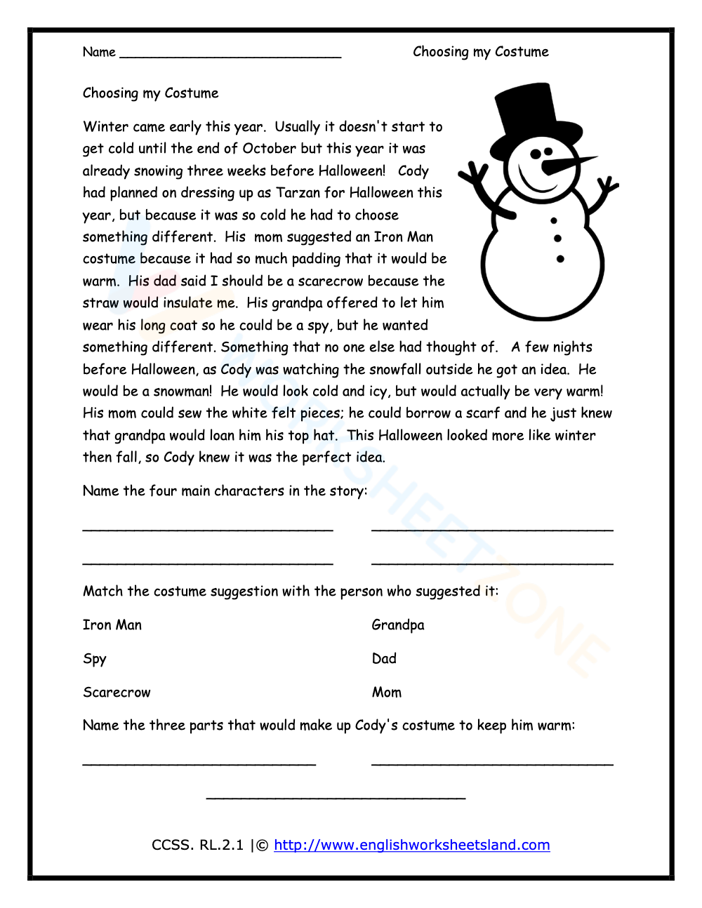 short story with questions 5 | Worksheet Zone
