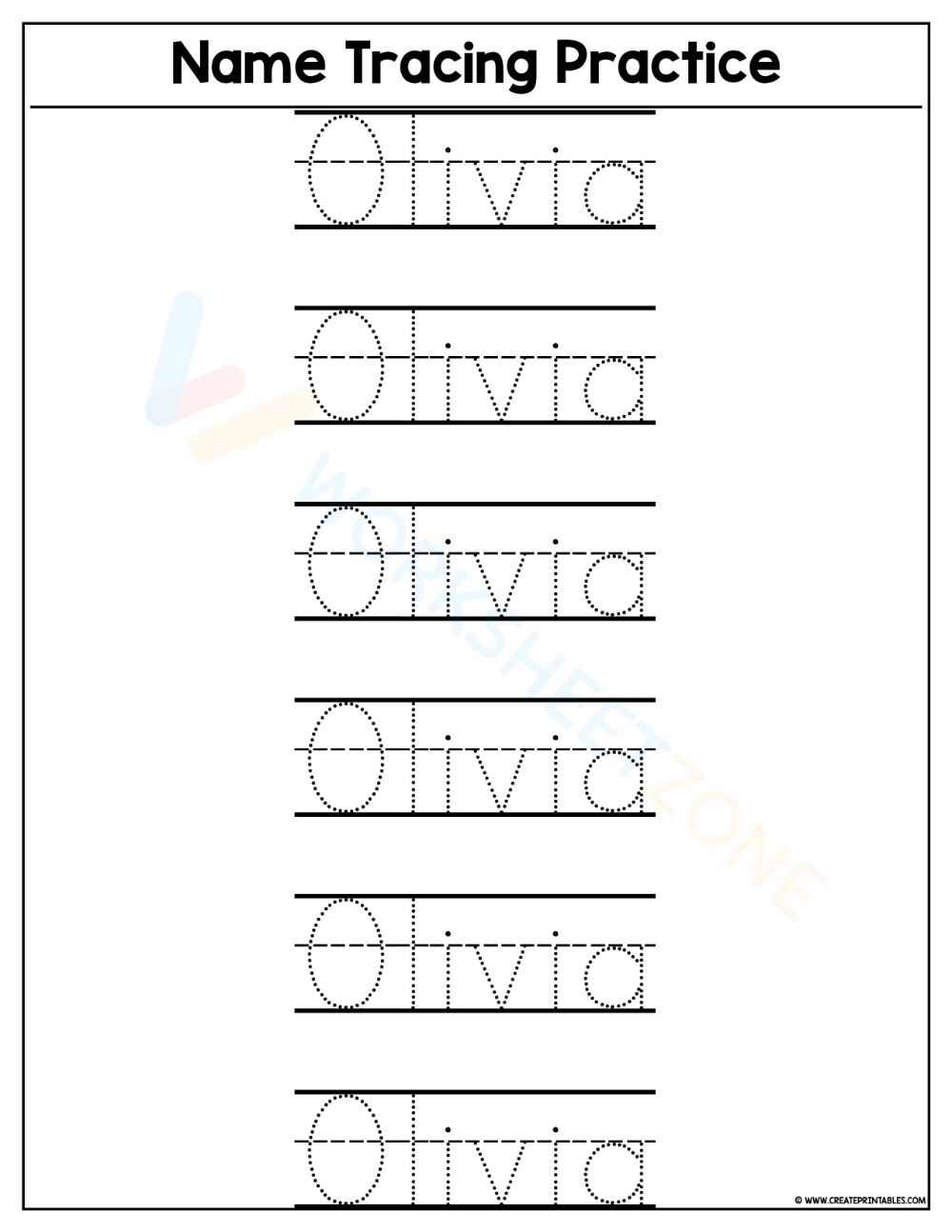 Name tracing worksheet - Olivia | Worksheet Zone