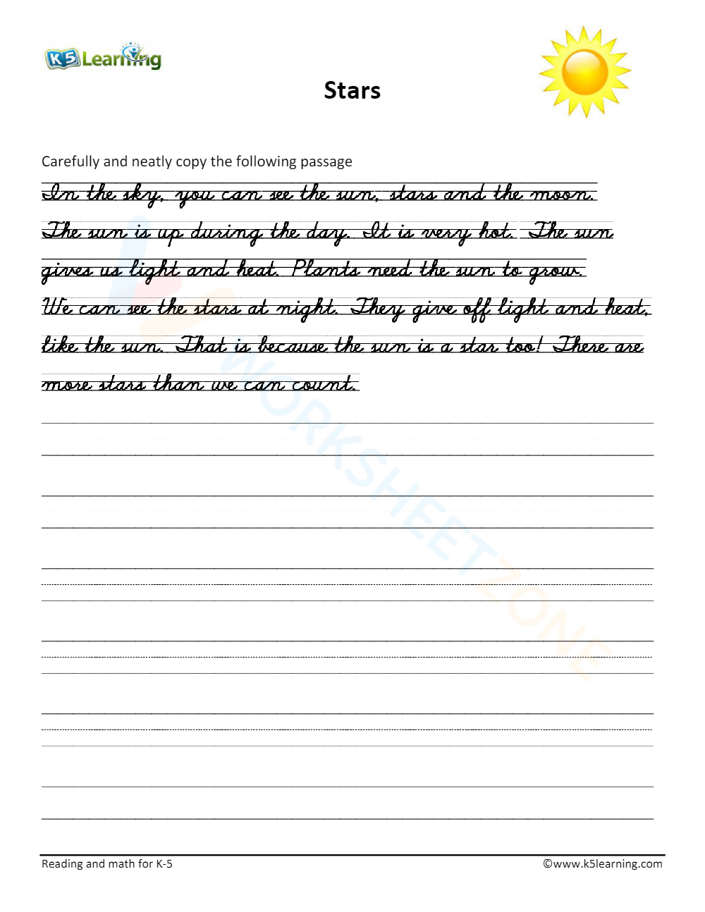 Paragraph handwriting practice worksheet - Stars | Worksheet Zone