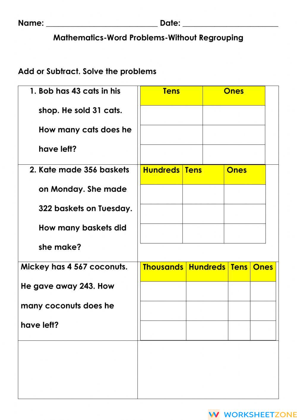 Word Problems without regrouping | Worksheet Zone