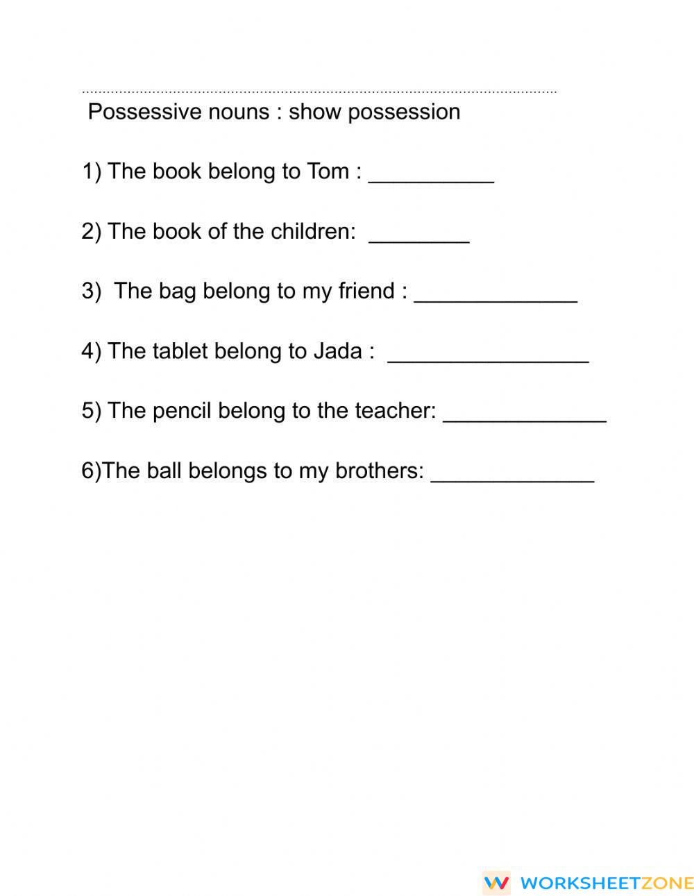 Possessive nouns | Worksheet Zone