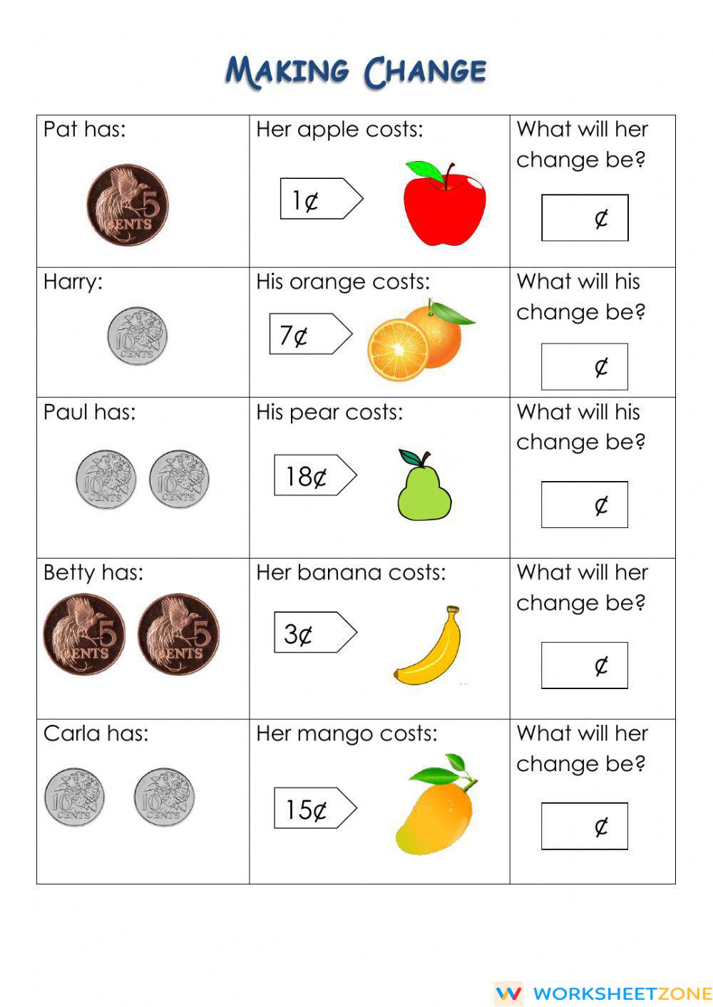 Money- Coins | Worksheet Zone
