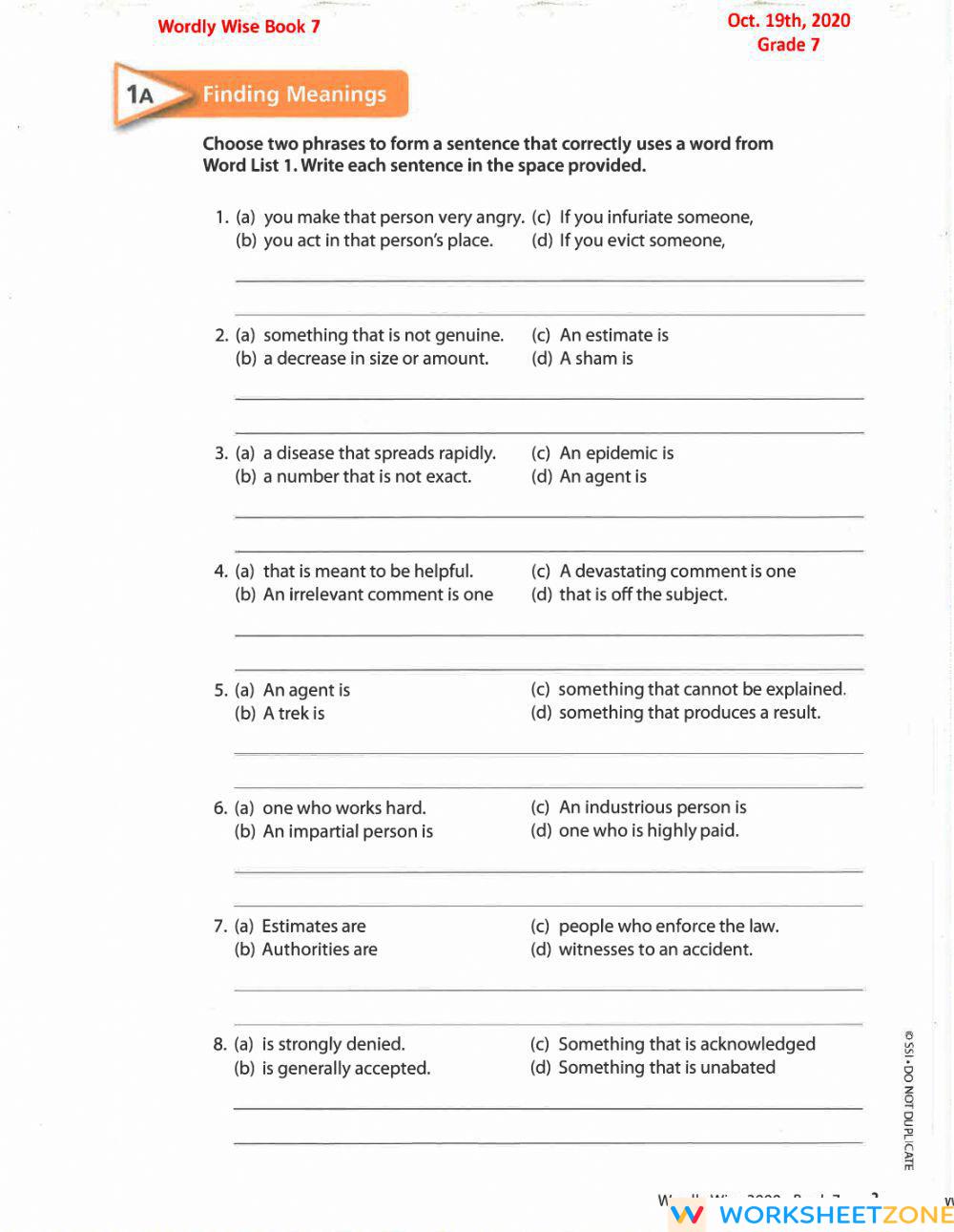 Finding Meanings lesson 1 | Worksheet Zone