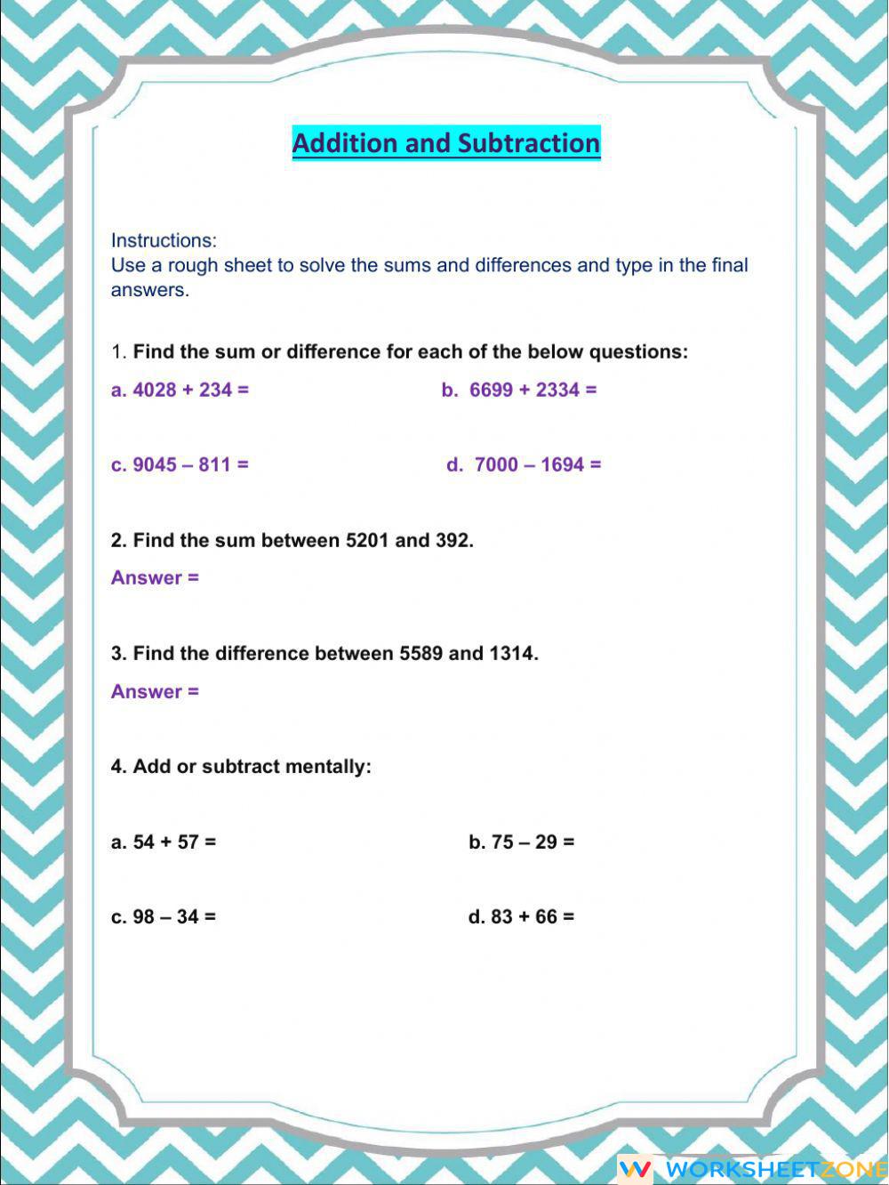 Addition and Subtraction | Worksheet Zone