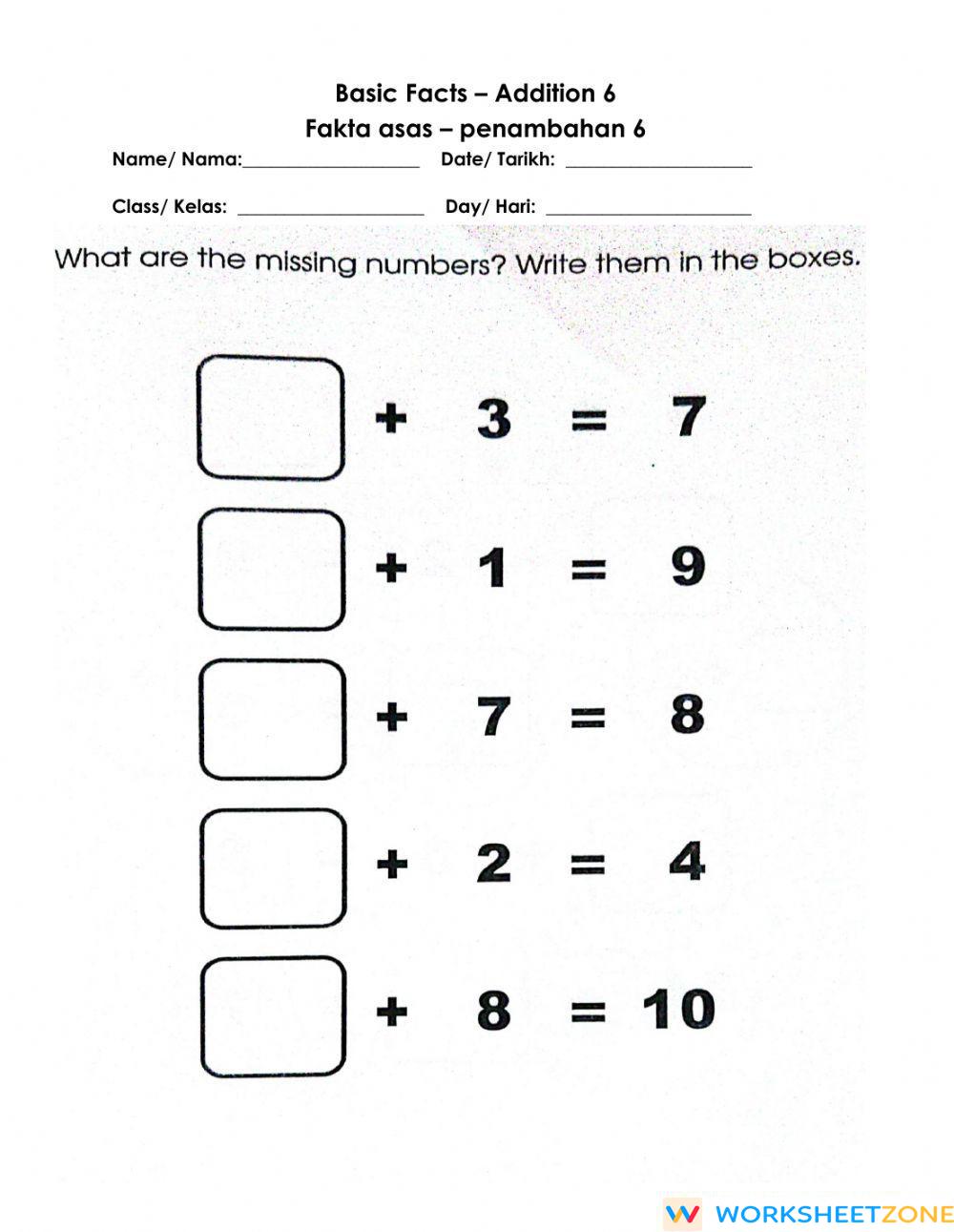 Adding 9 Facts Worksheet