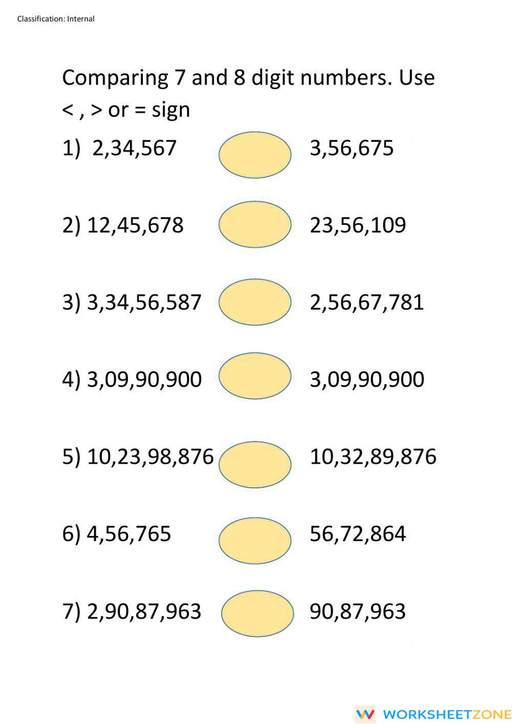 Comparing 7 and 8 digit numbers | Worksheet Zone