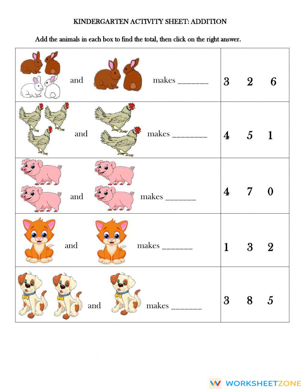 Kindergarten Addition Activity Sheet | Worksheet Zone