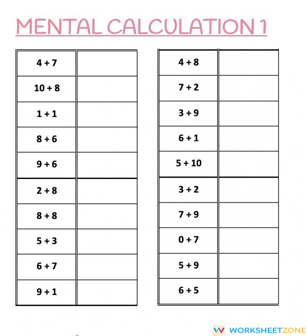 Mental calculation 1 | Worksheet Zone