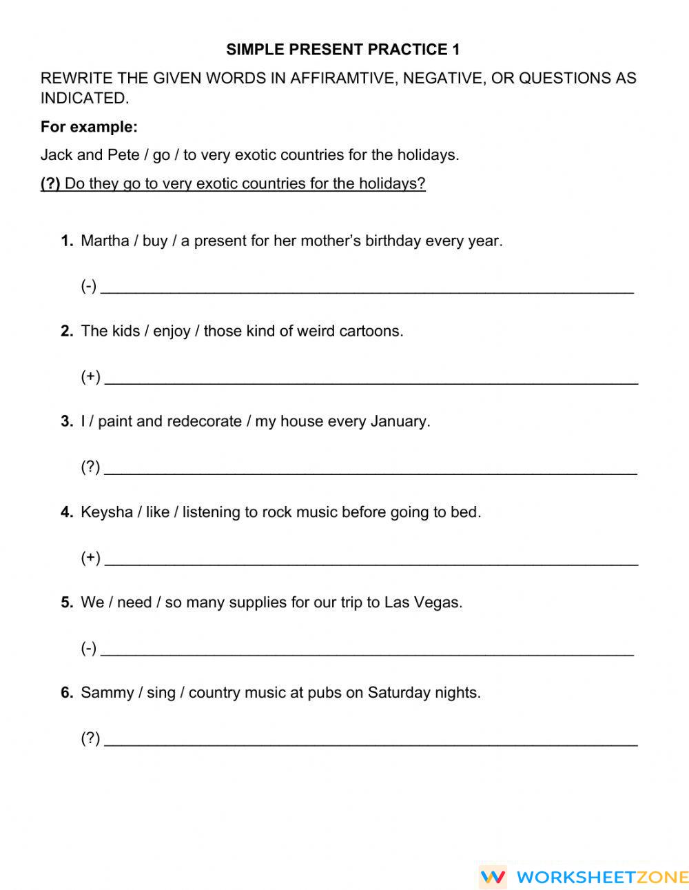 Simple Present Worksheet 1 | Worksheet Zone