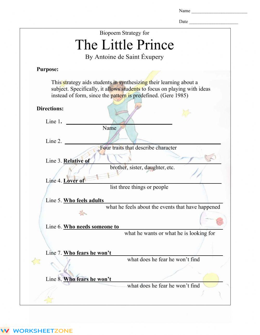 The Little Prince BioPoem | Worksheet Zone