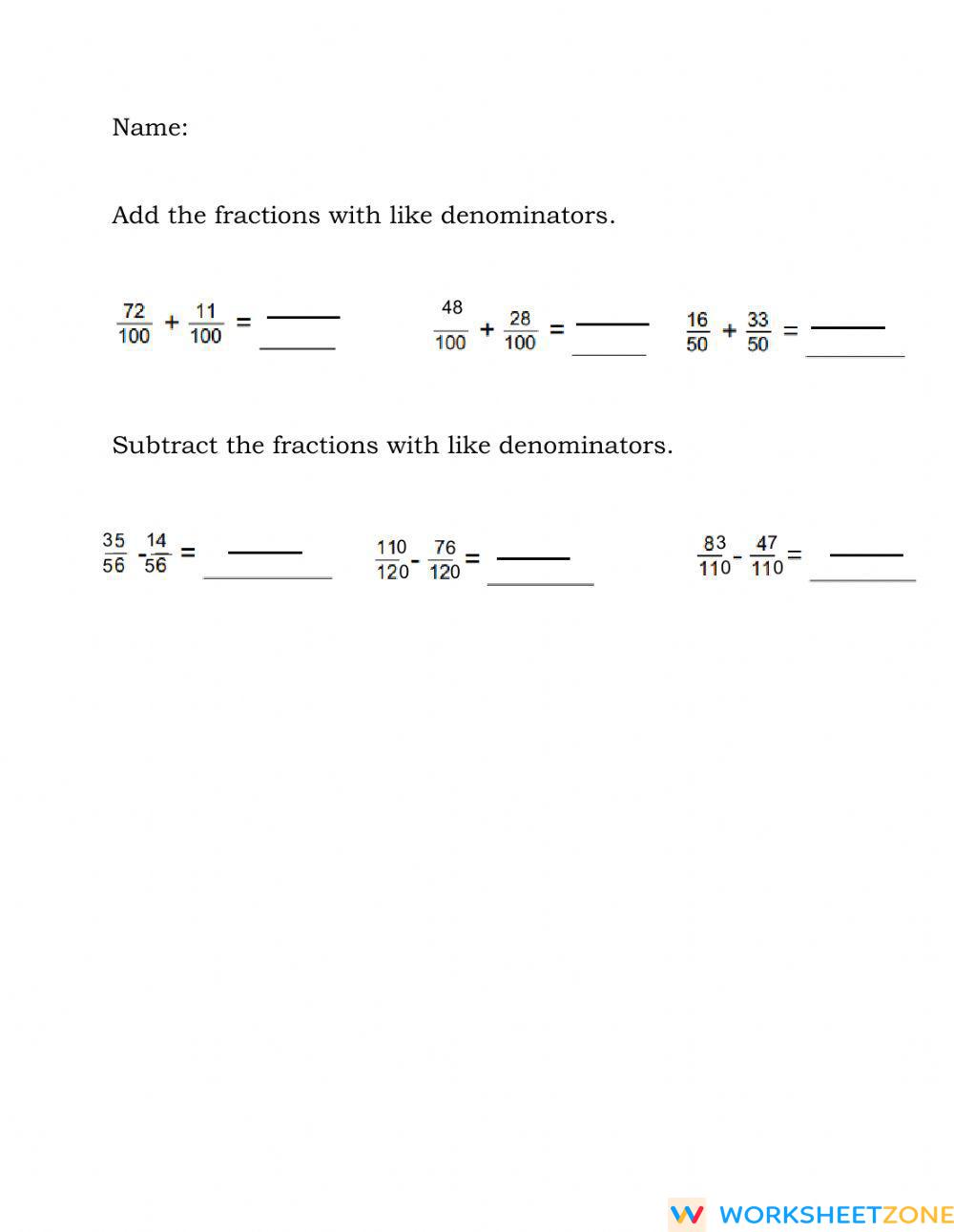 Add and subtract like denominators | Worksheet Zone