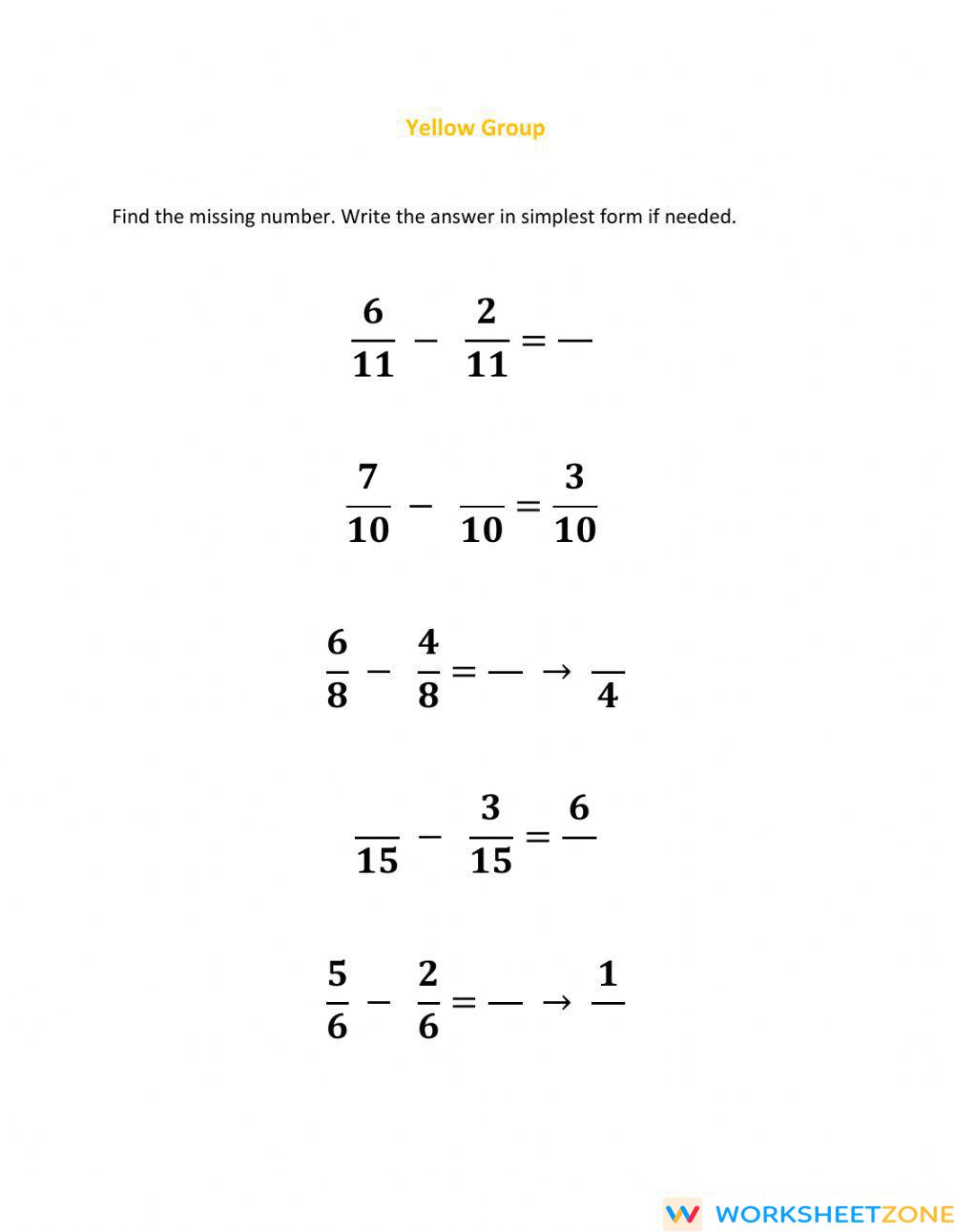 Subtract like fractions | Worksheet Zone
