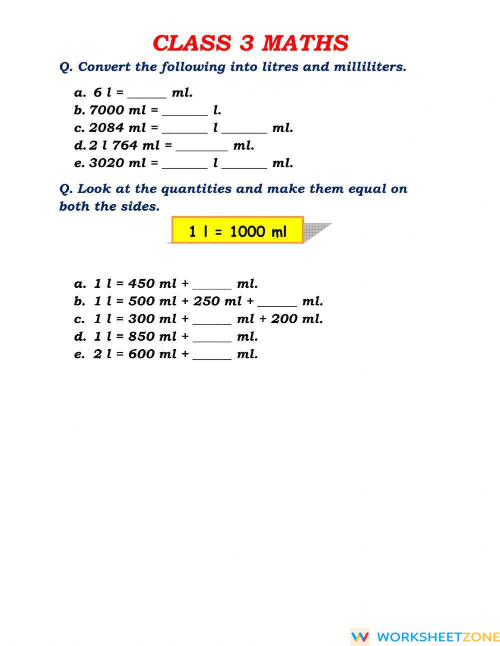 Quantity conversion for class 3 | Worksheet Zone