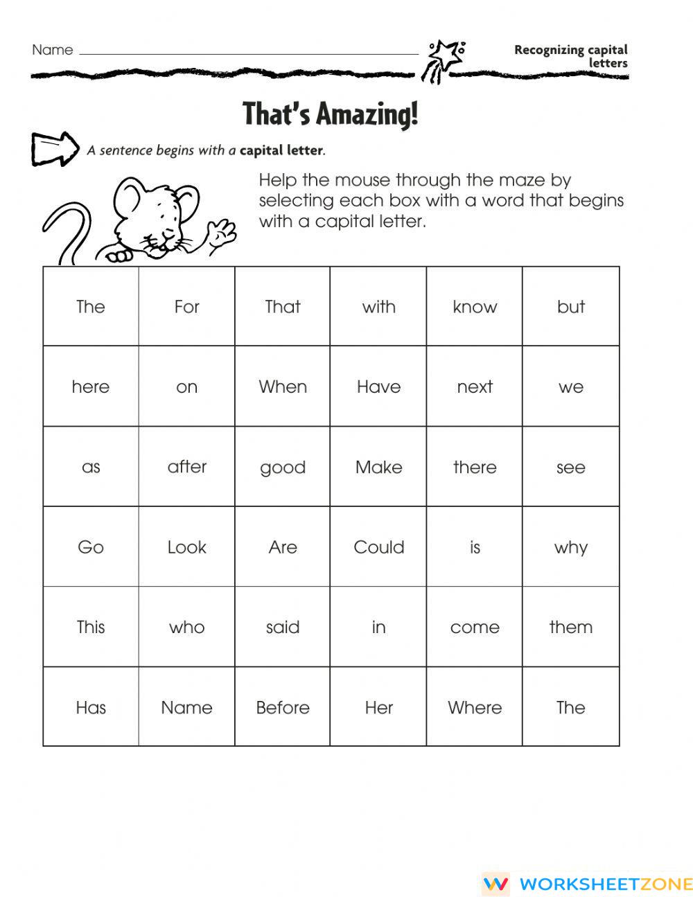 Recognizing Capital Letters | Worksheet Zone