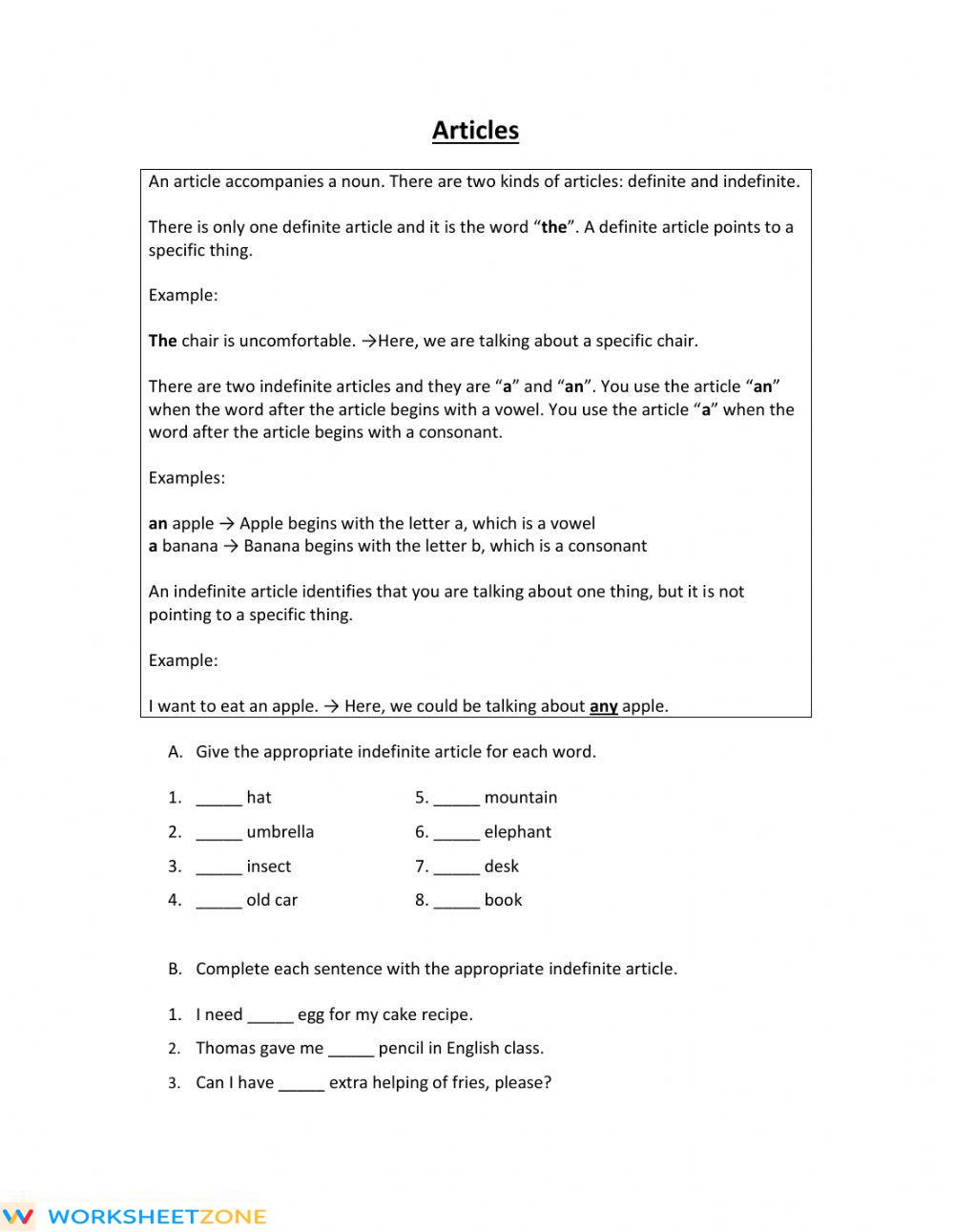 Articles | Worksheet Zone