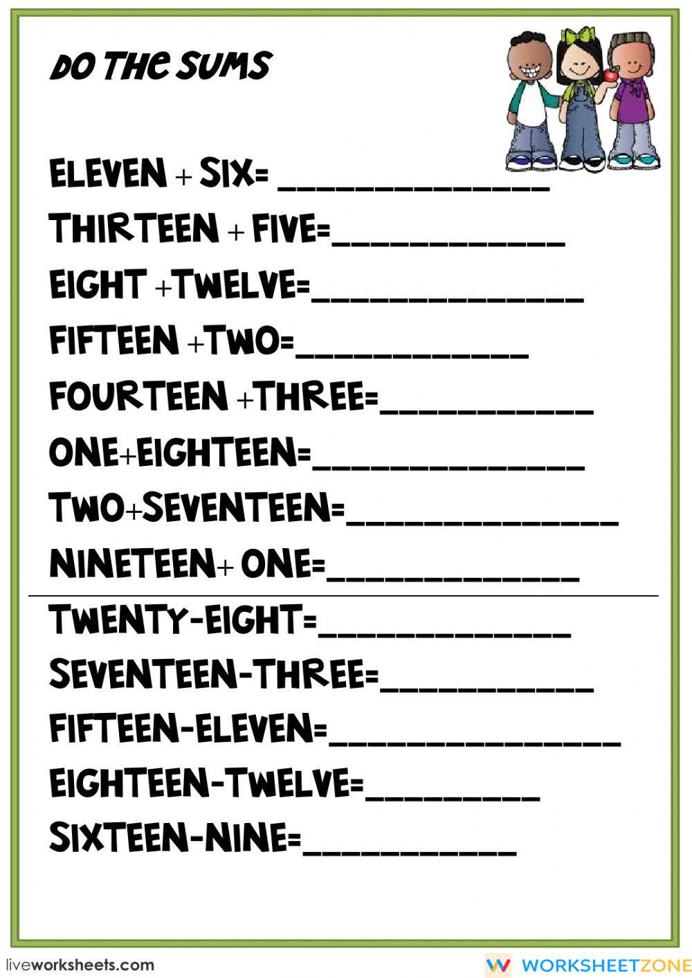 sums | Worksheet Zone