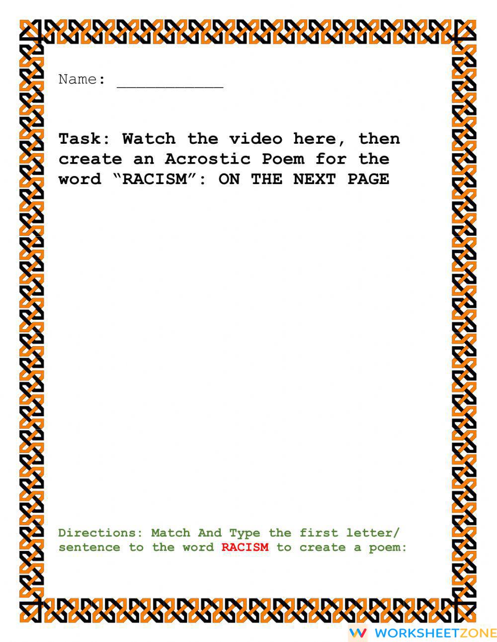 Racism: Acrostic poem sentences | Worksheet Zone