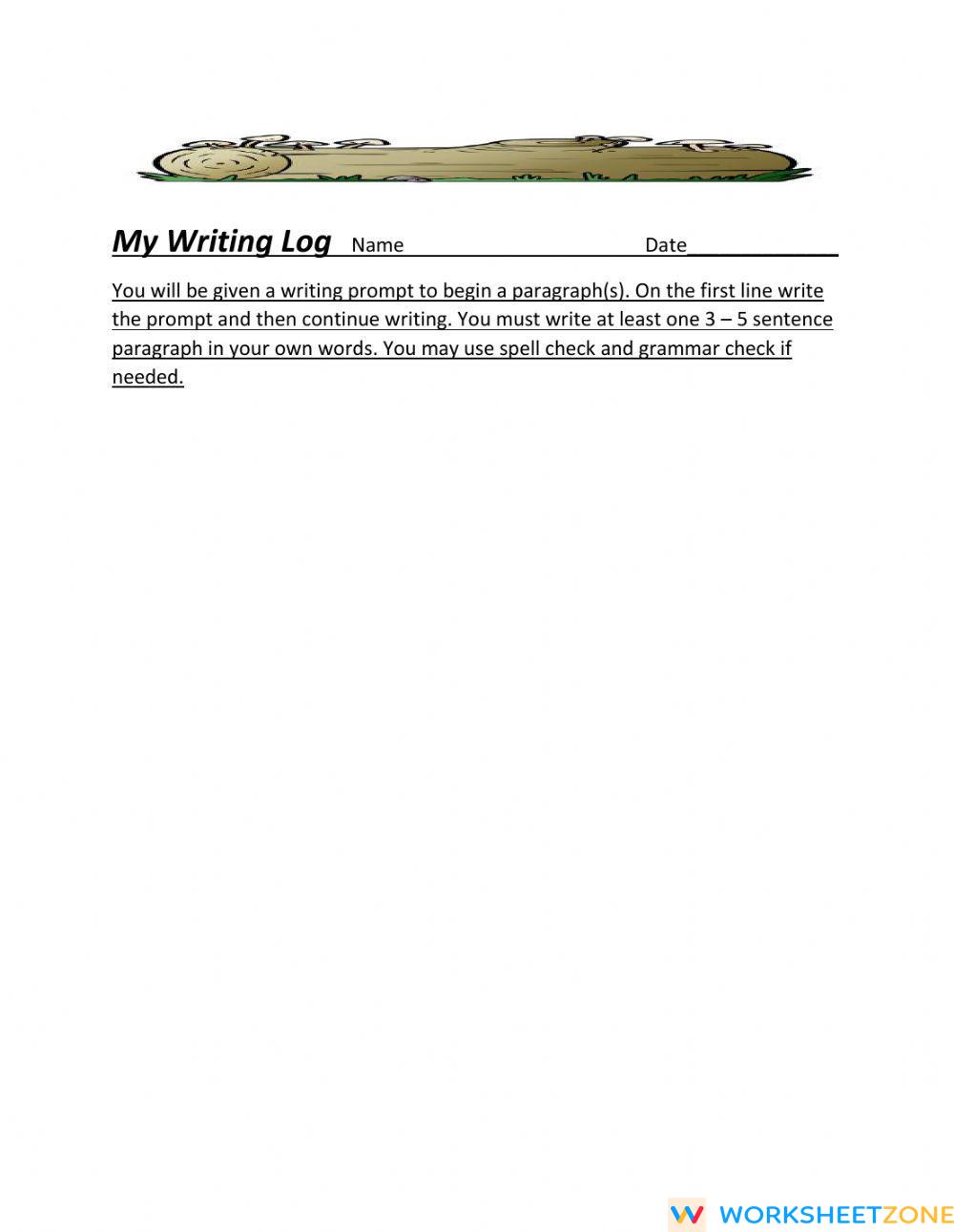 My Writing Log | Worksheet Zone