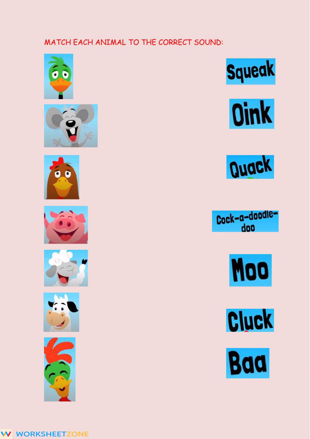 Match the animal sounds | Worksheet Zone