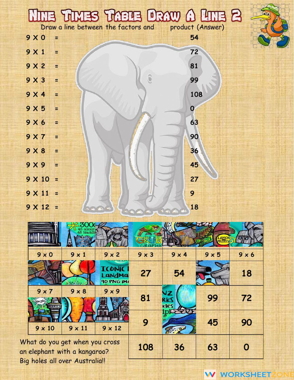 Nine Times Table Draw a Line 2 | Worksheet Zone