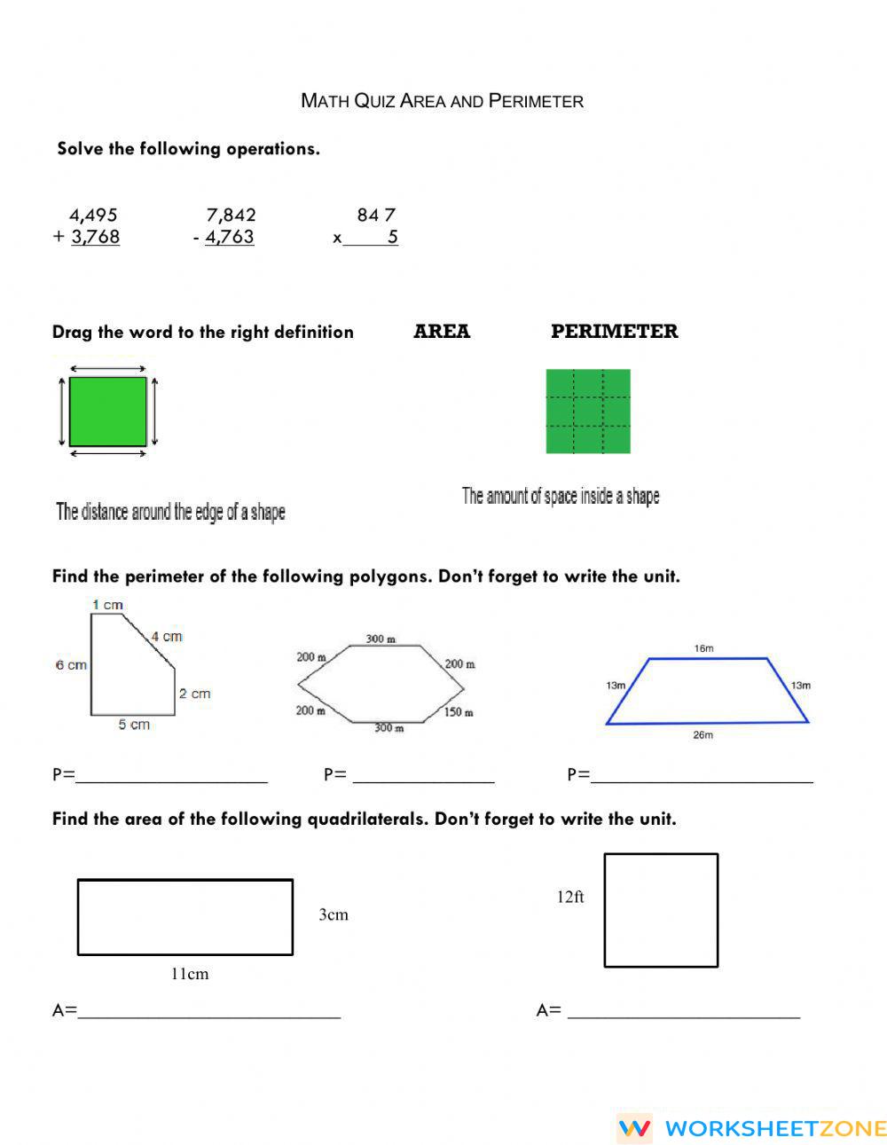 Area and perimeter quiz | Worksheet Zone
