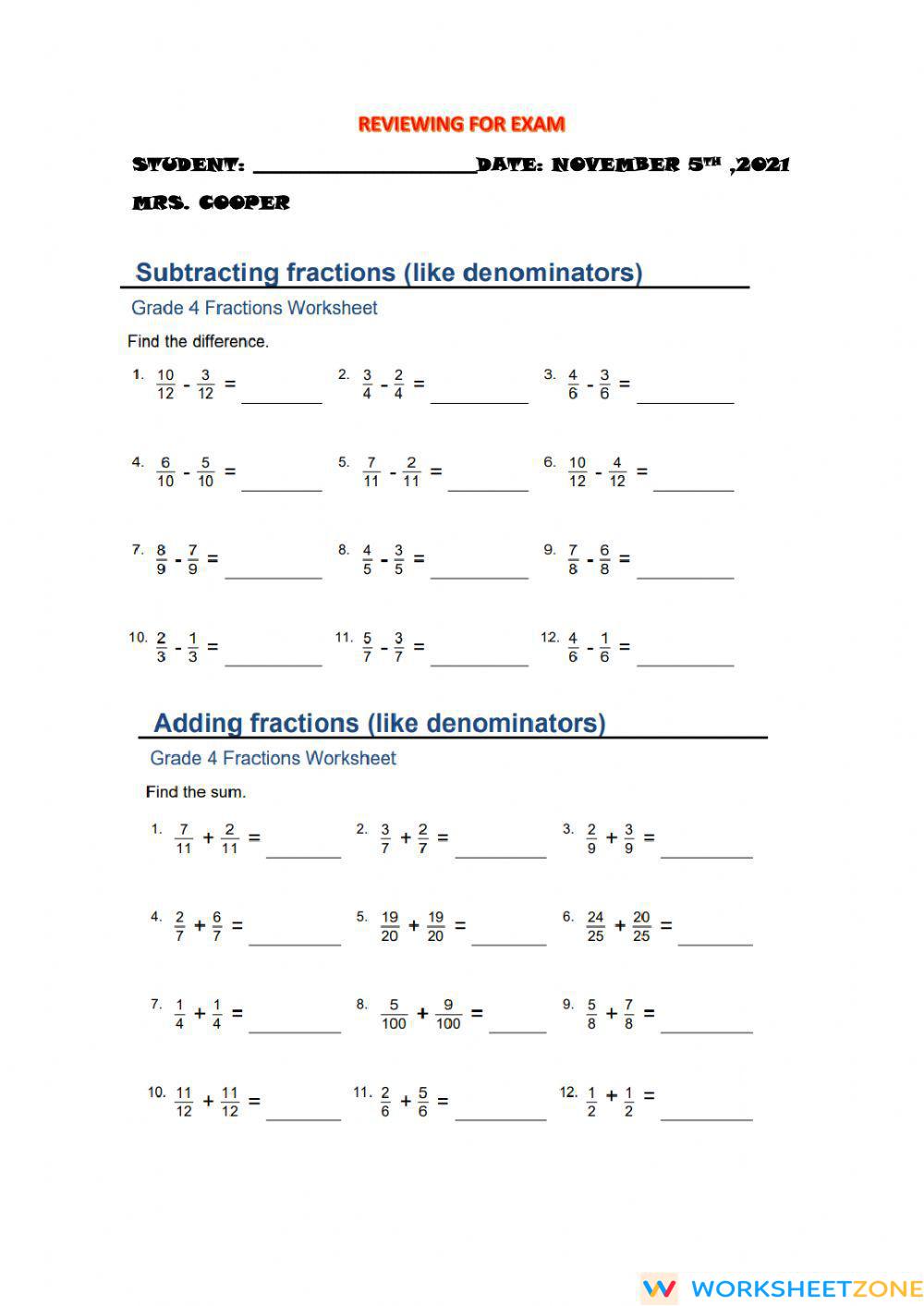 Reviewing fractions and lenght | Worksheet Zone