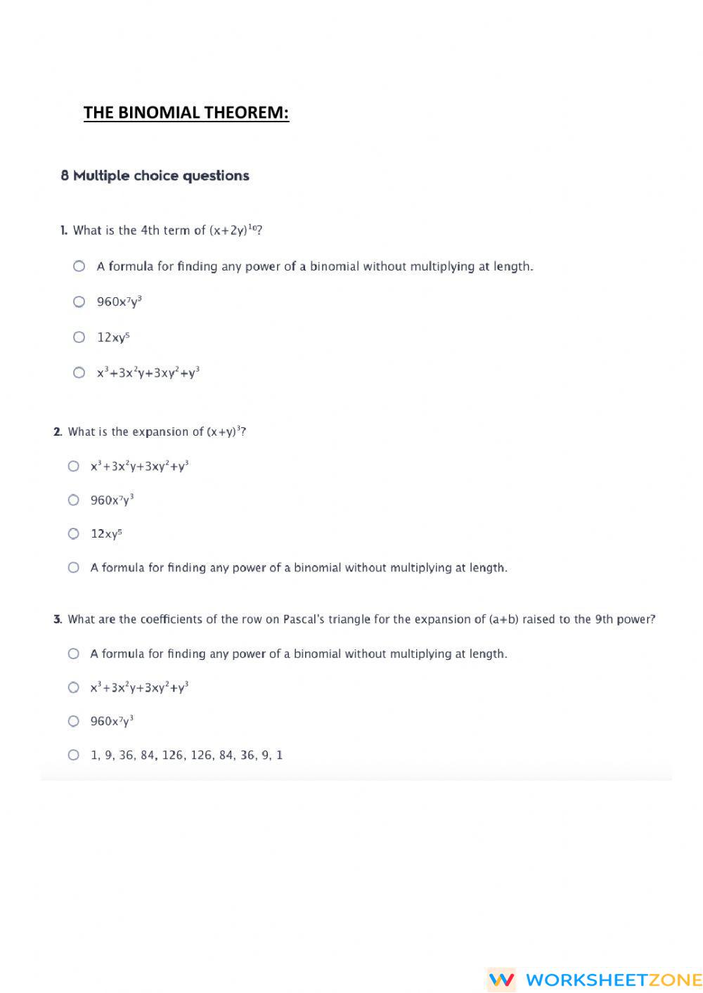 The Binomial Theorem Questions | Worksheet Zone