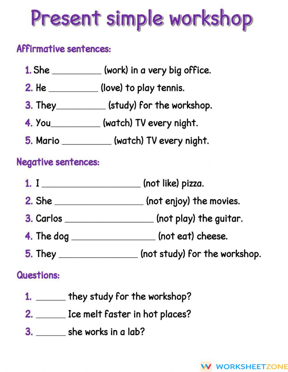Present Simple Workshop | Worksheet Zone