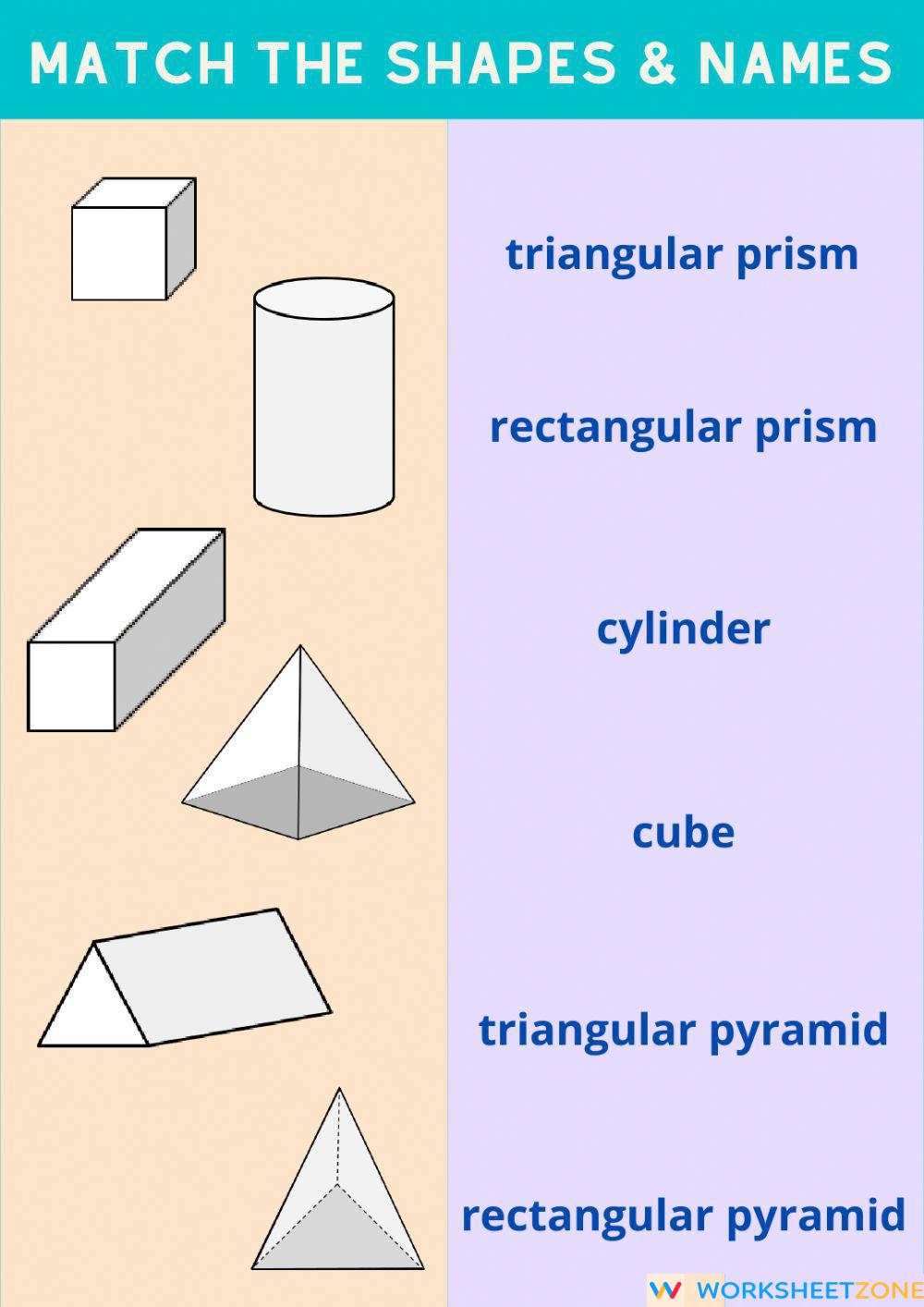 Match 3D shapes and names | Worksheet Zone
