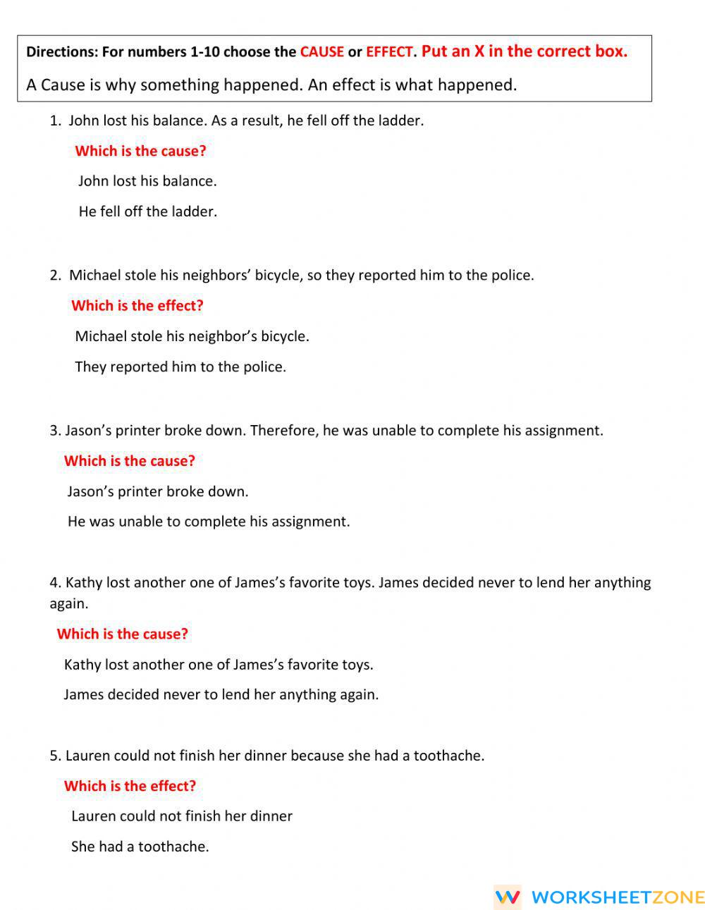 Cause ad Effect 5Ritz | Worksheet Zone