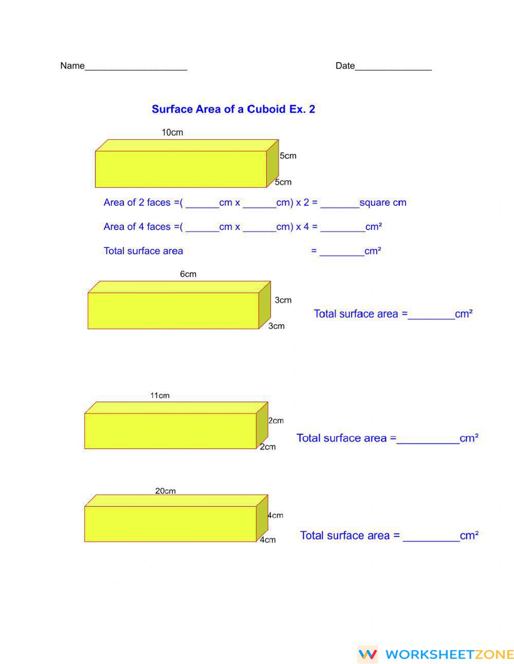 Surface Area of a Cuboid Ex.2 | Worksheet Zone
