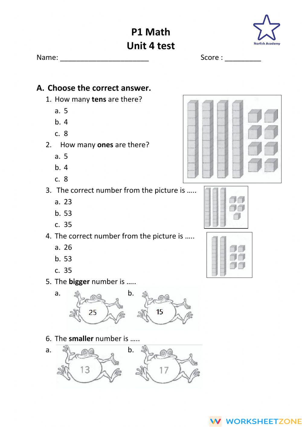 P1 Math unit 4 test | Worksheet Zone