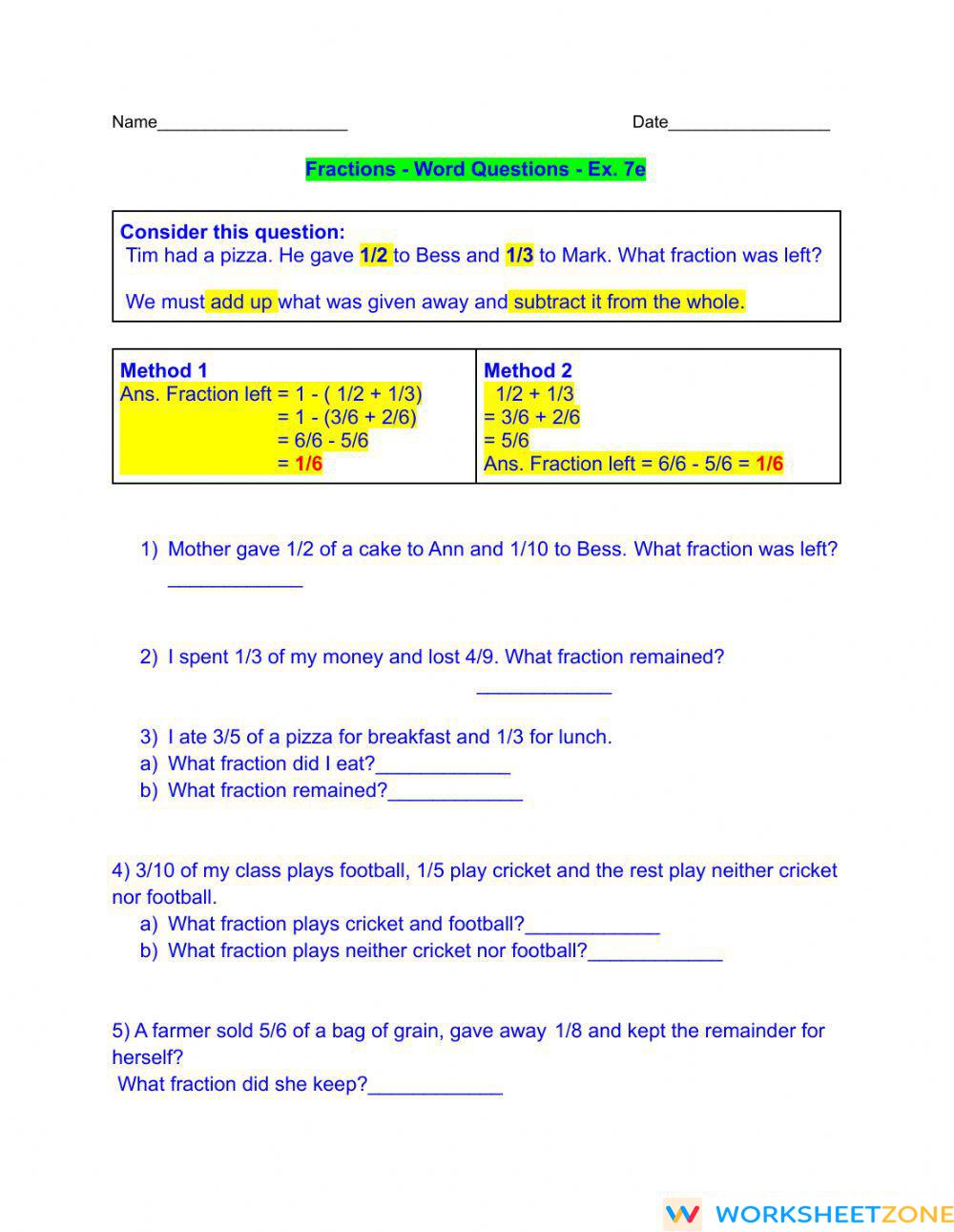 Fractions - Word Questions - Ex. 7e | Worksheet Zone